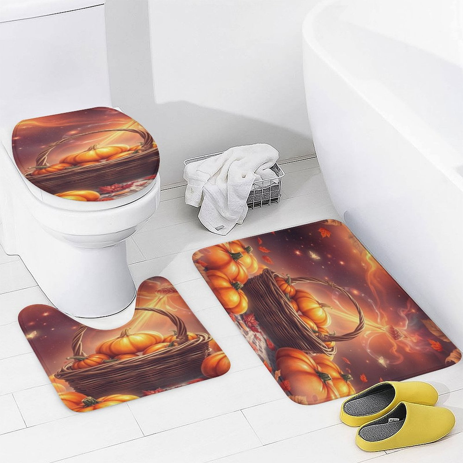 3 Piece Bathroom Rug Set Autumn Harvest Basket Pumpkins Non-Slip ...