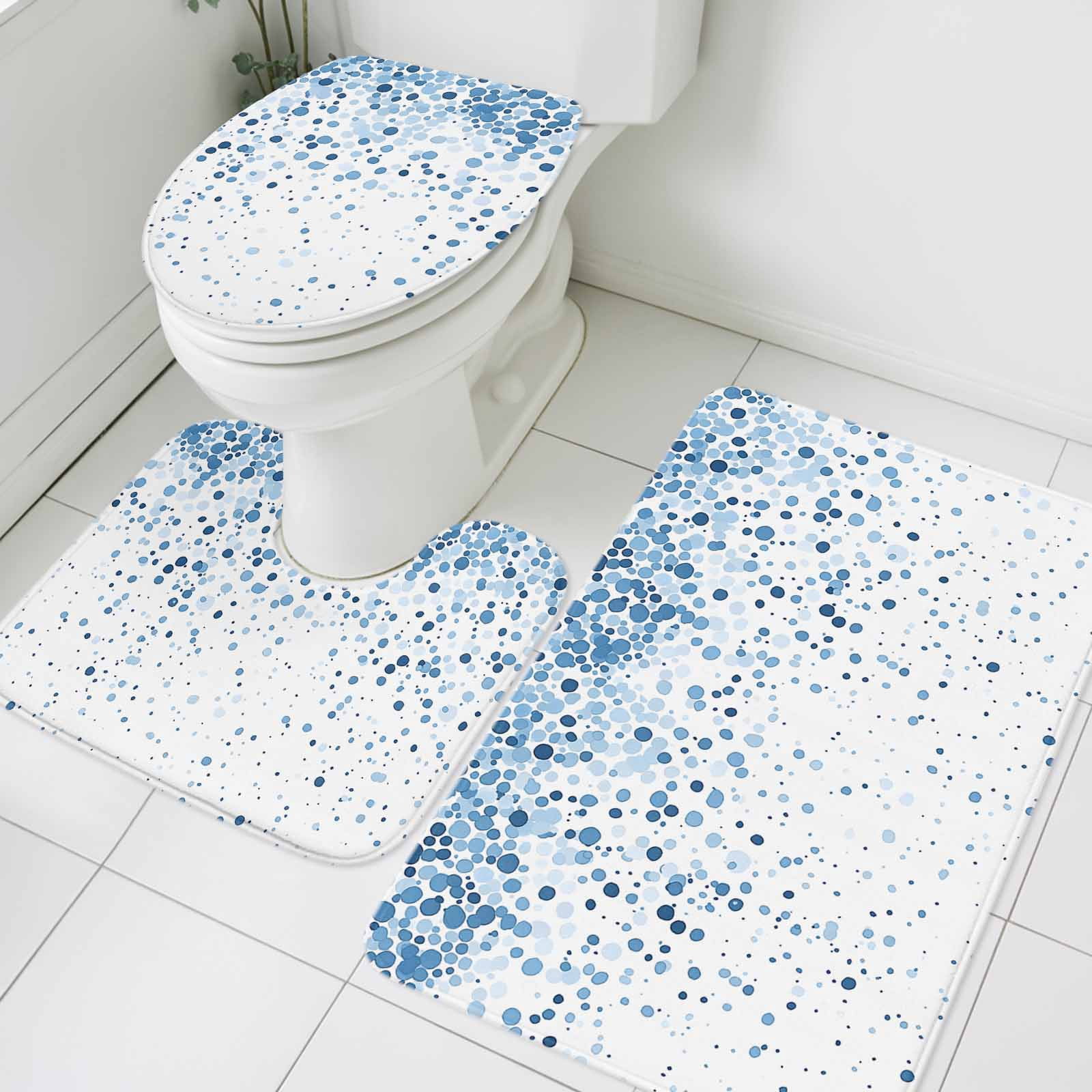 3 Piece Bathroom Rug Set, Blue Polka Dot Non Slip Bath Mat with Contour ...