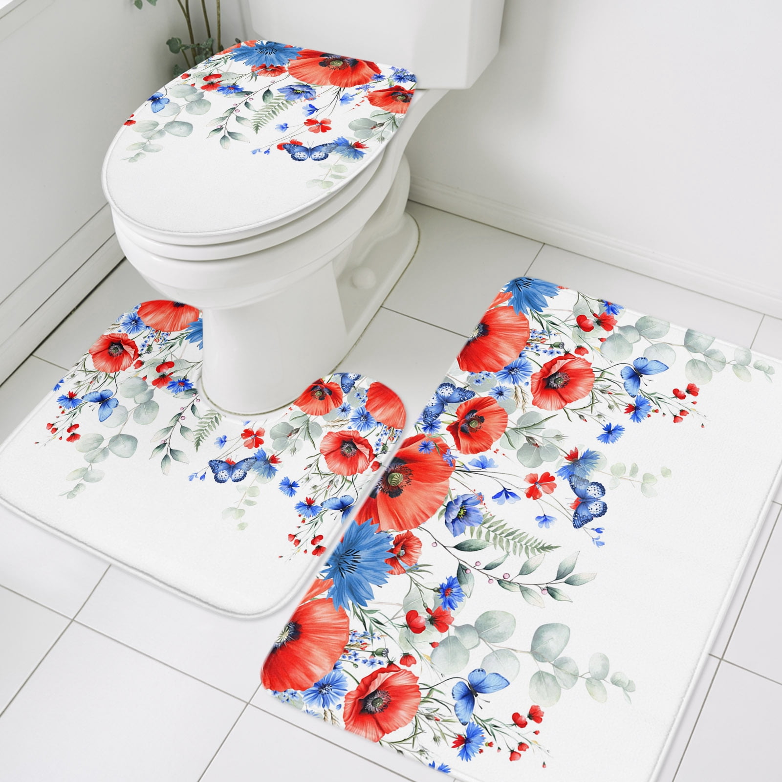 3 Piece Bathroom Rug Set, Blue Red Flower Non Slip Bath Mat with ...