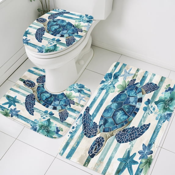 3 Piece Bathroom Rug Set, Blue Sea Turtle Non Slip Bath Mat with ...
