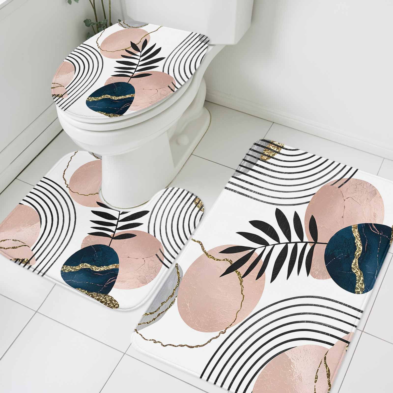 3 Piece Bathroom Rug Set, Bohemian Navy Non Slip Bath Mat with Contour ...