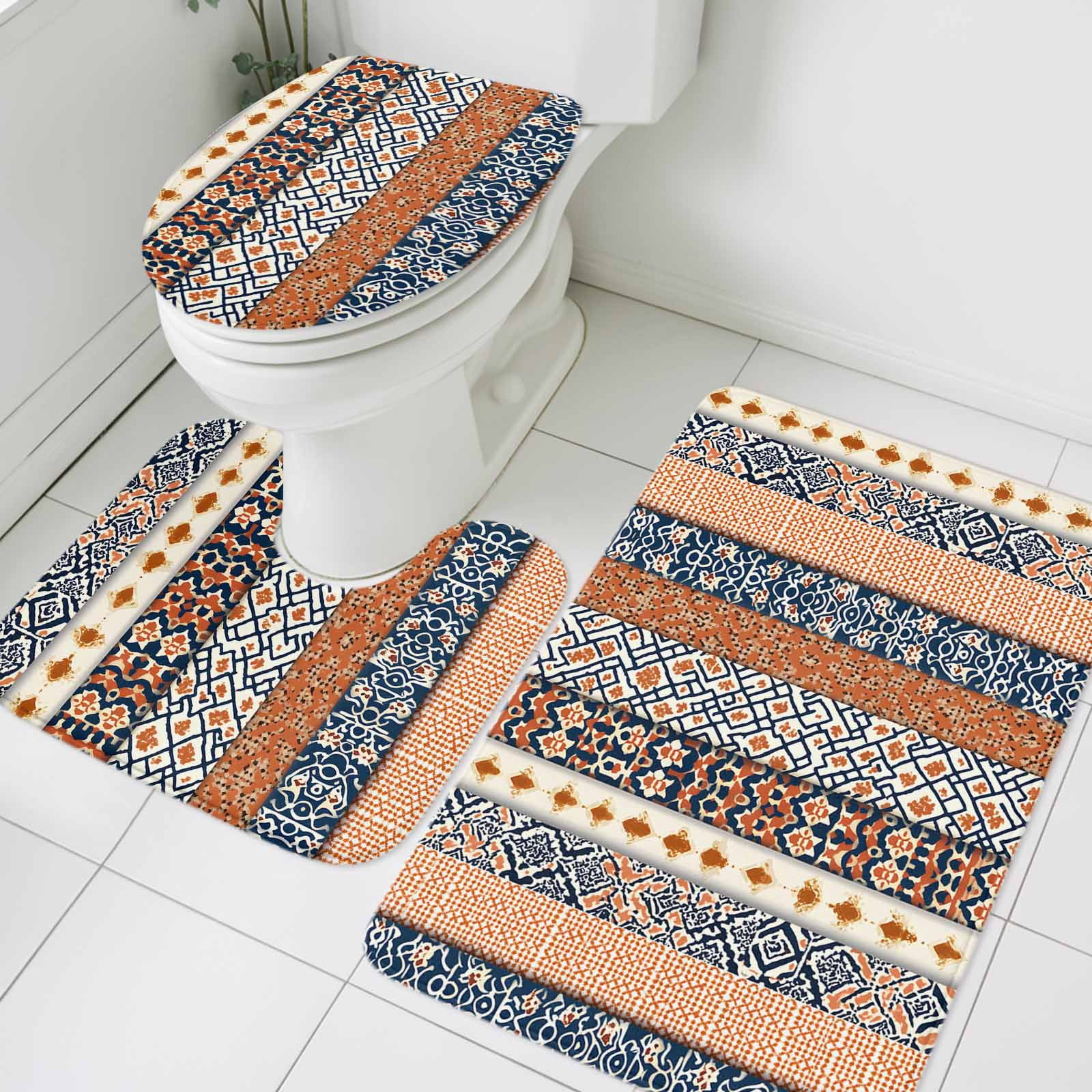 3 Piece Bathroom Rug Set, Bohemian Orange Non Slip Bath Mat with ...