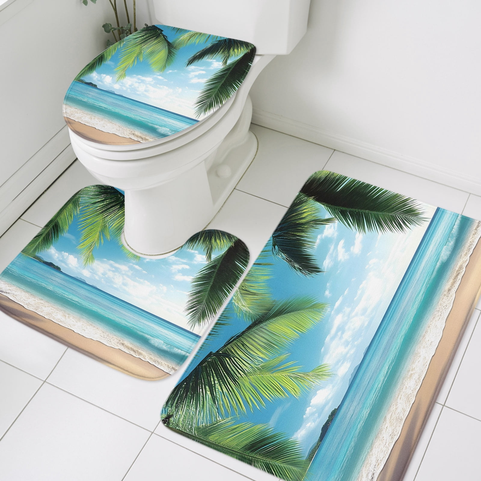 3 Piece Bathroom Rug Set, Coconut Tree Non Slip Bath Mat with Contour ...