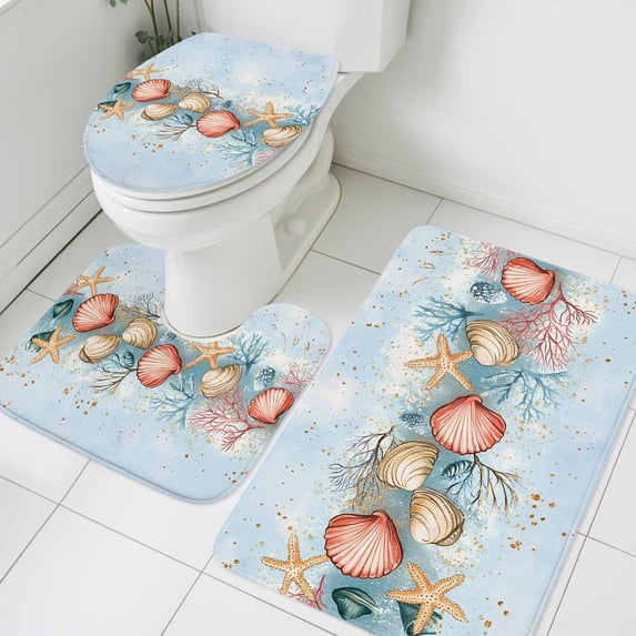 3 Piece Bathroom Rug Set, Colorful Coral Shell Non Slip Bath Mat with ...