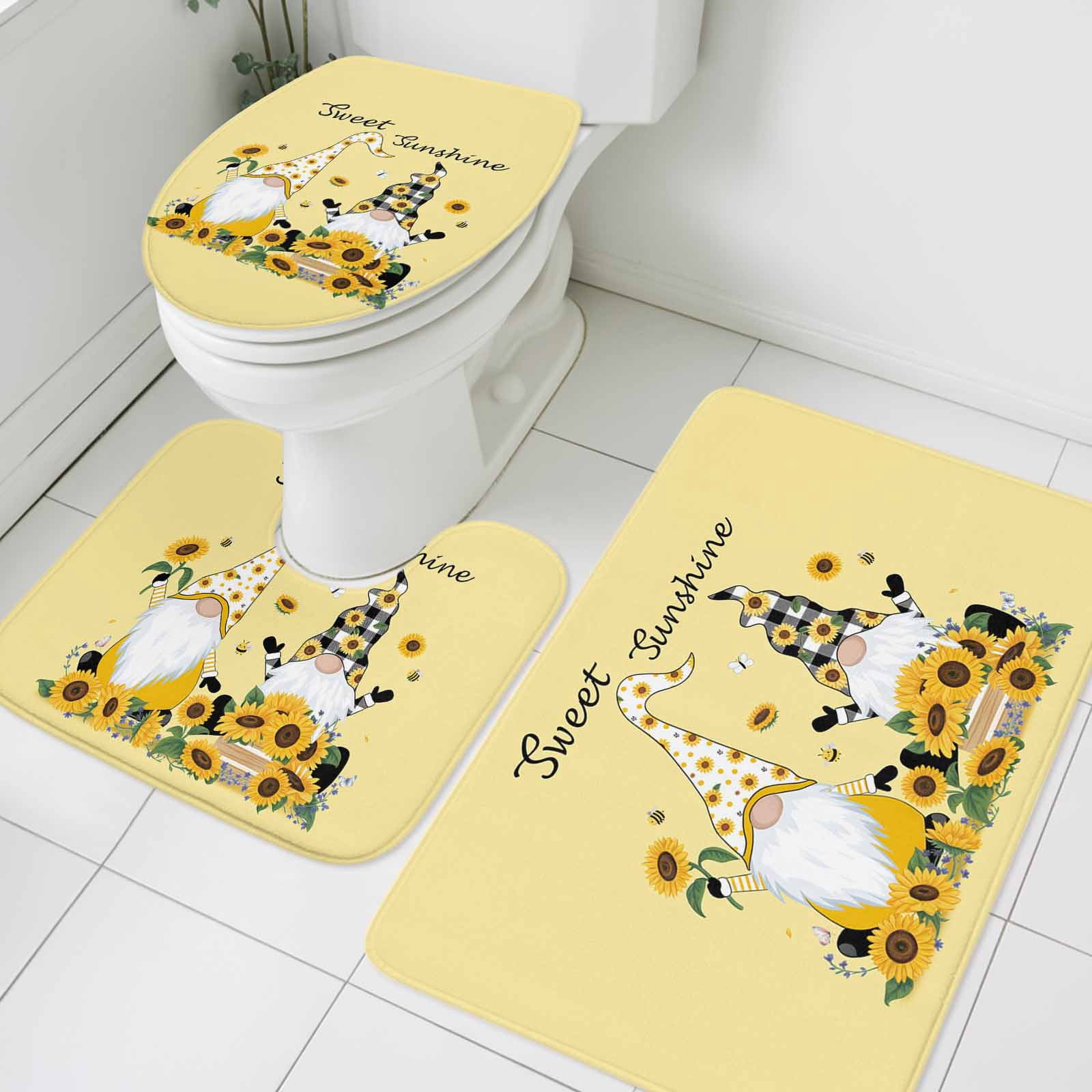 3 Piece Bathroom Rug Set, Farm Sunflowers Gnome Non Slip Bath Mat with ...