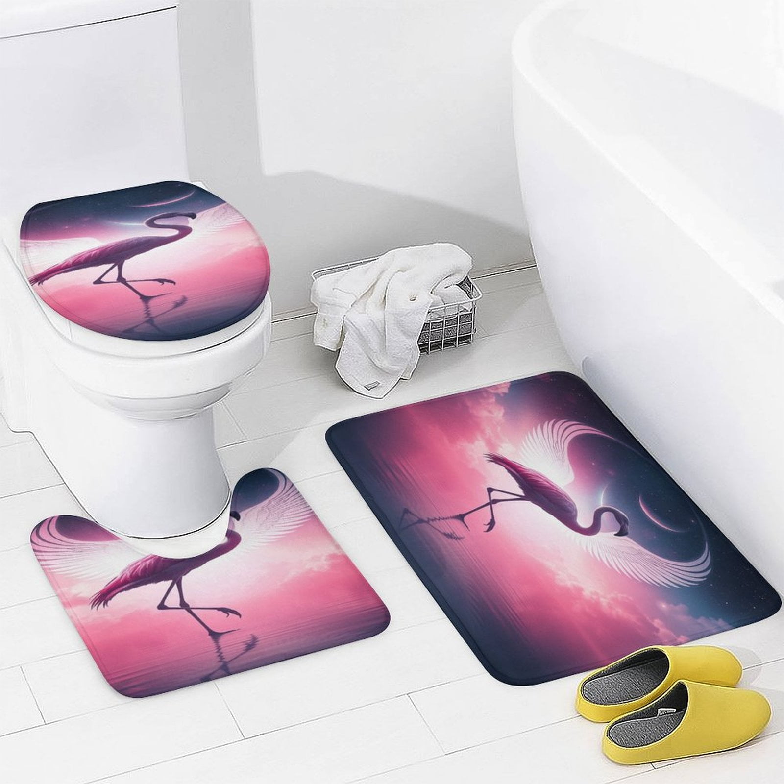 3 Piece Bathroom Rug Set Flamingo Cosmic Wings Flight Non-Slip Contour ...