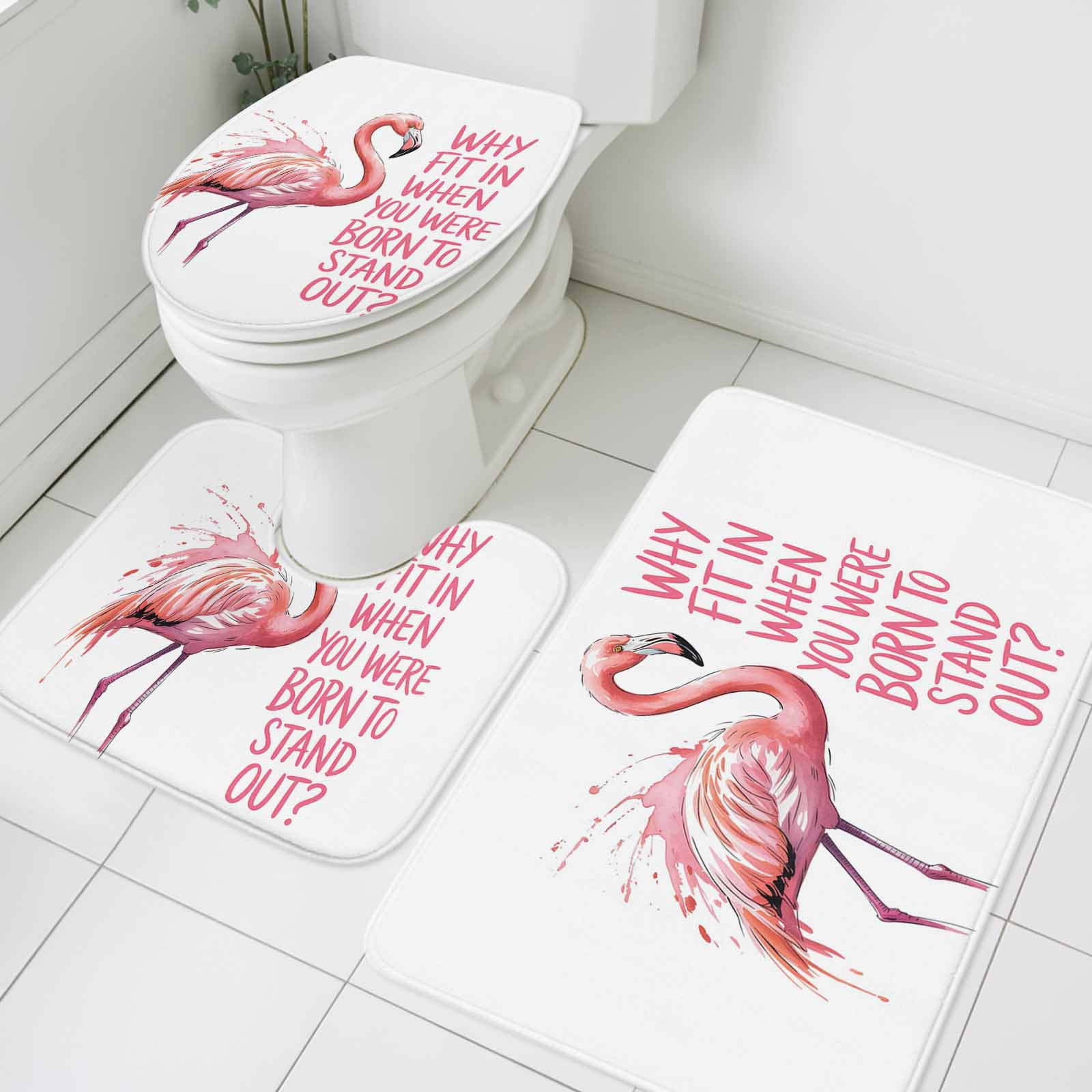 3 Piece Bathroom Rug Set, Flamingo Watercolor Non Slip Bath Mat with ...