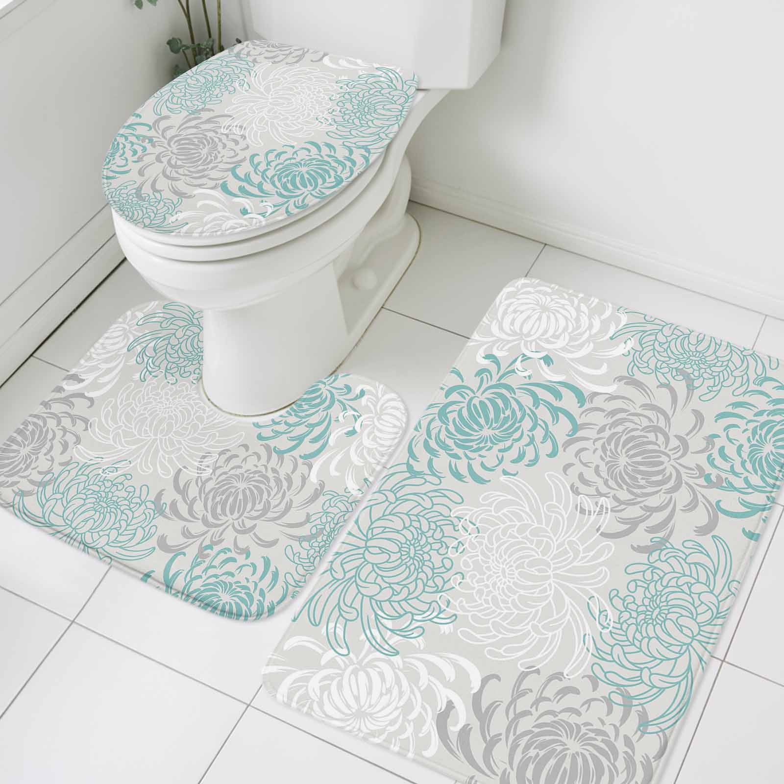 3 Piece Bathroom Rug Set, Floral Pattern Non Slip Bath Mat with Contour ...