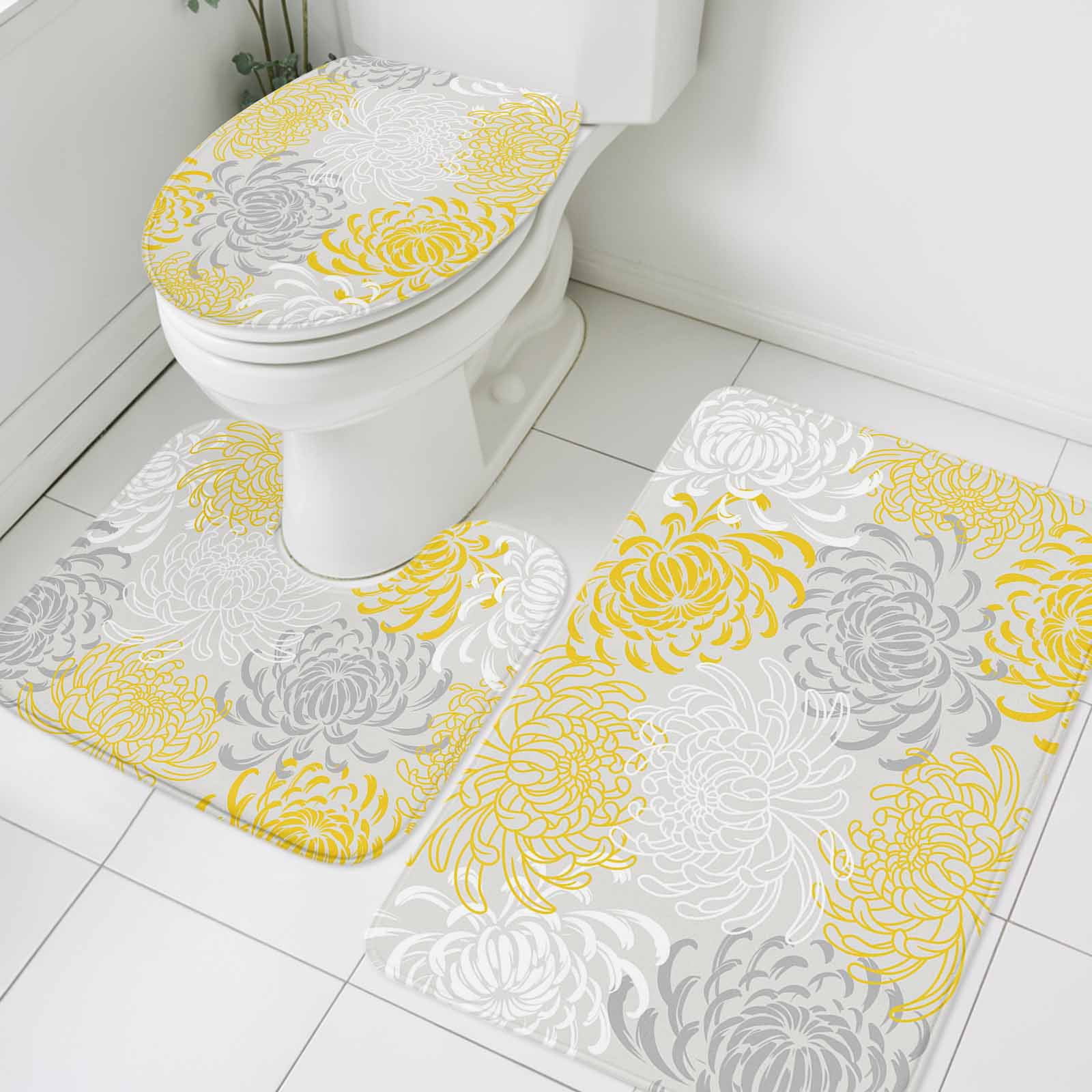 3 Piece Bathroom Rug Set, Floral Pattern Non Slip Bath Mat with Contour ...