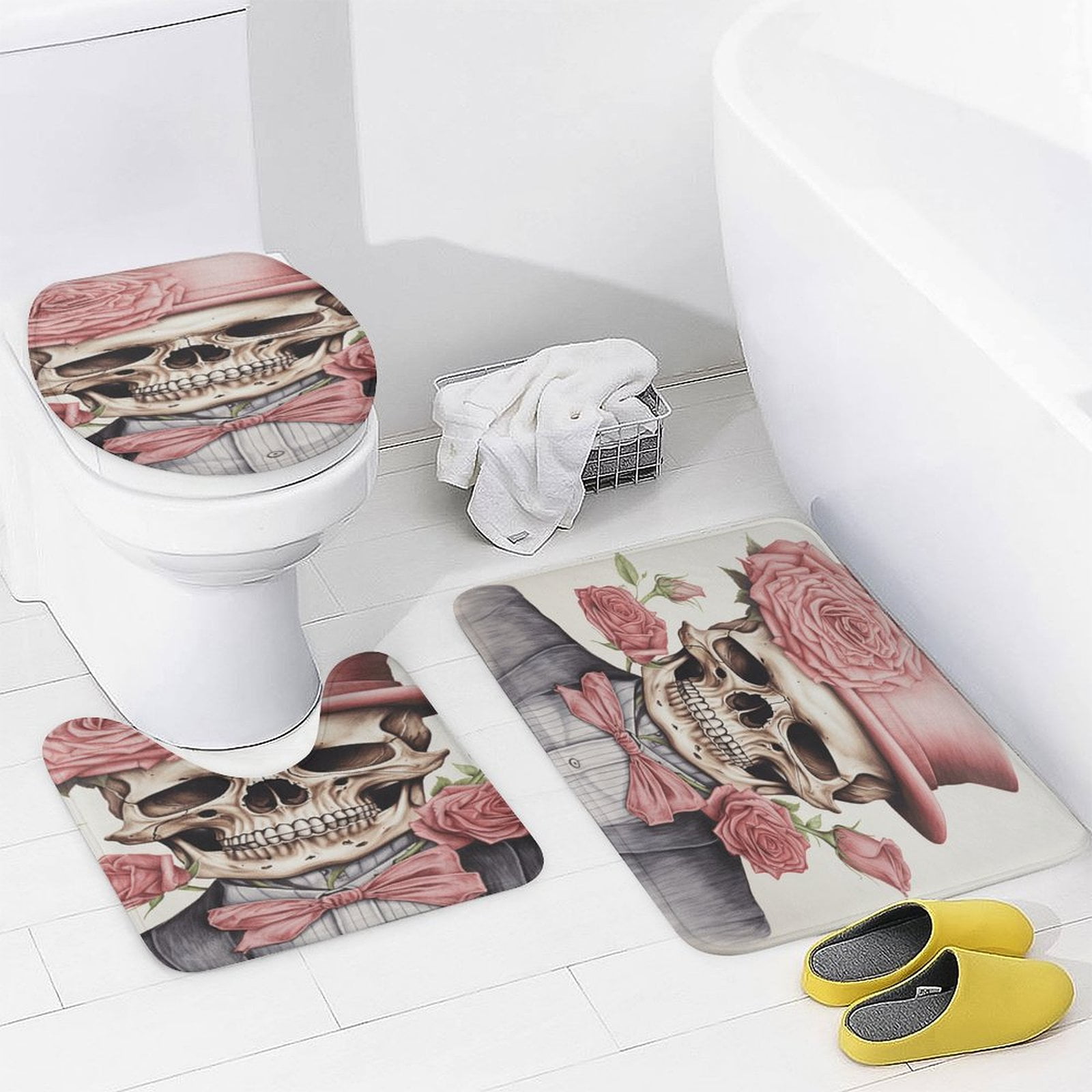 3 Piece Bathroom Rug Set Flower Cluster Skull Non-Slip Contour Mat ...