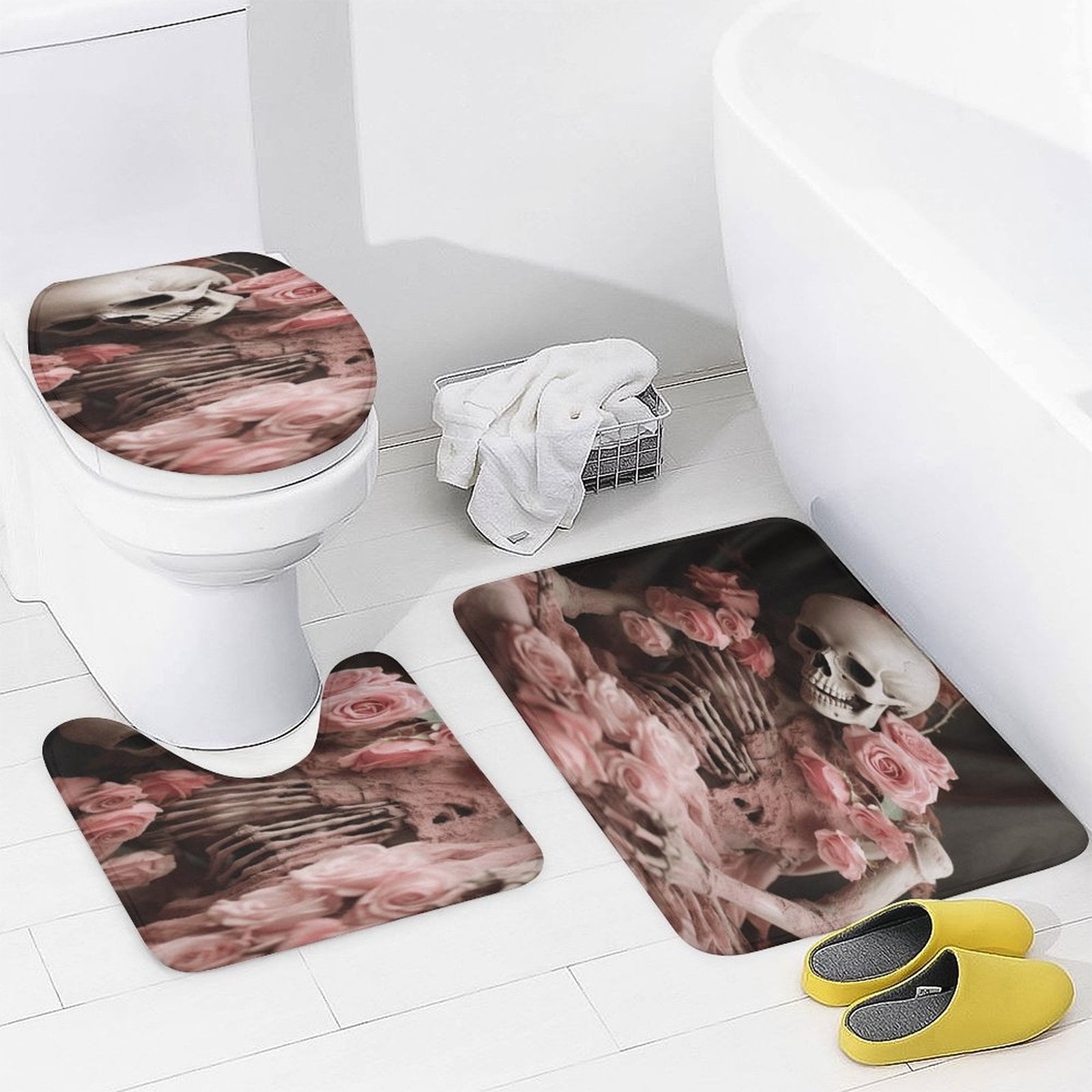 3 Piece Bathroom Rug Set Flower Cluster Skull Non-Slip Contour Mat ...
