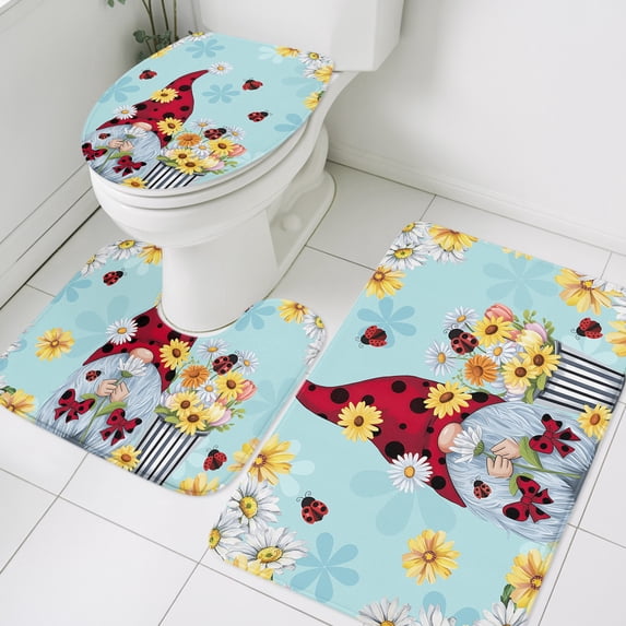 3 Piece Bathroom Rug Set, Flower Gnome Non Slip Bath Mat with Contour ...