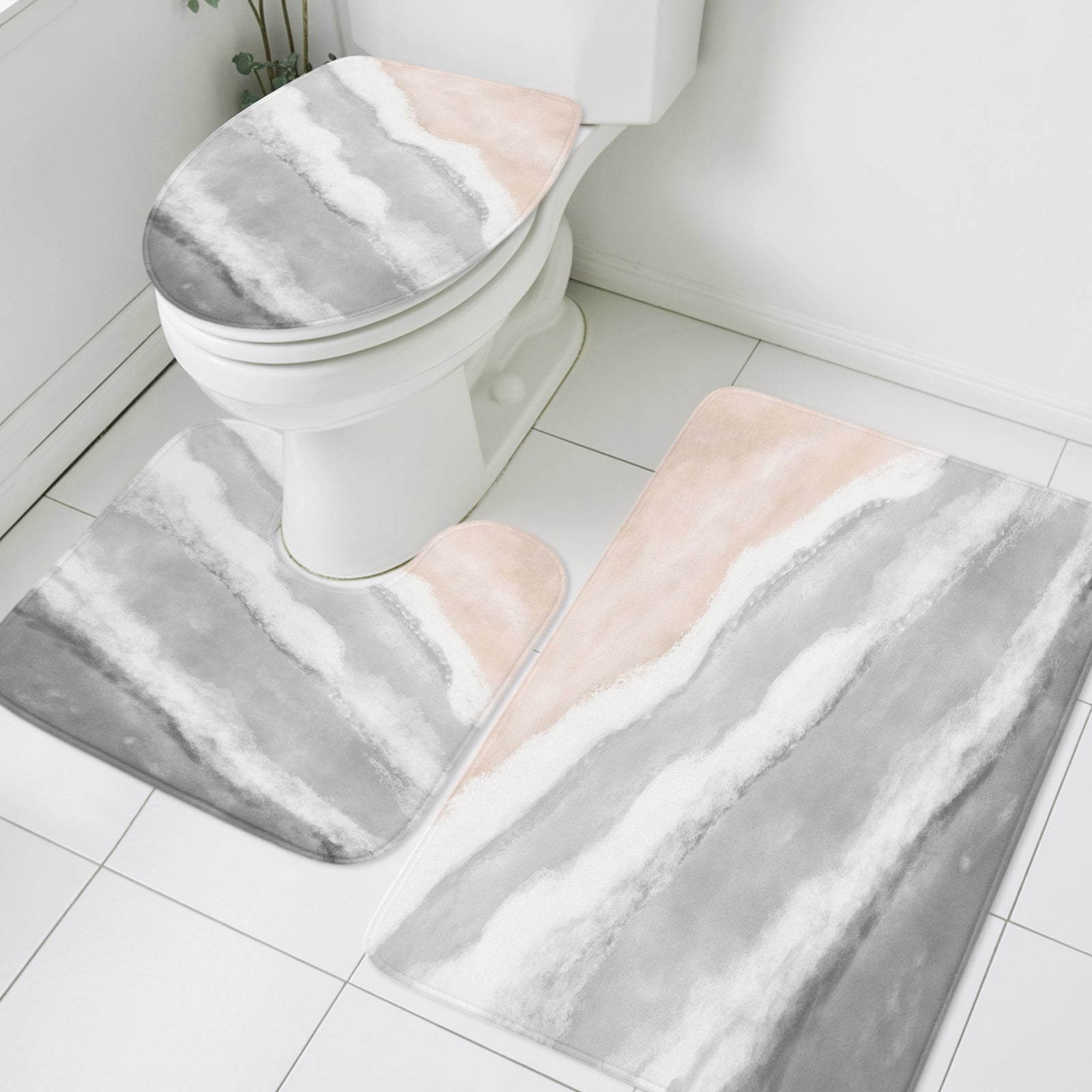 3 Piece Bathroom Rug Set, Gray Beach Waves Non Slip Bath Mat with ...
