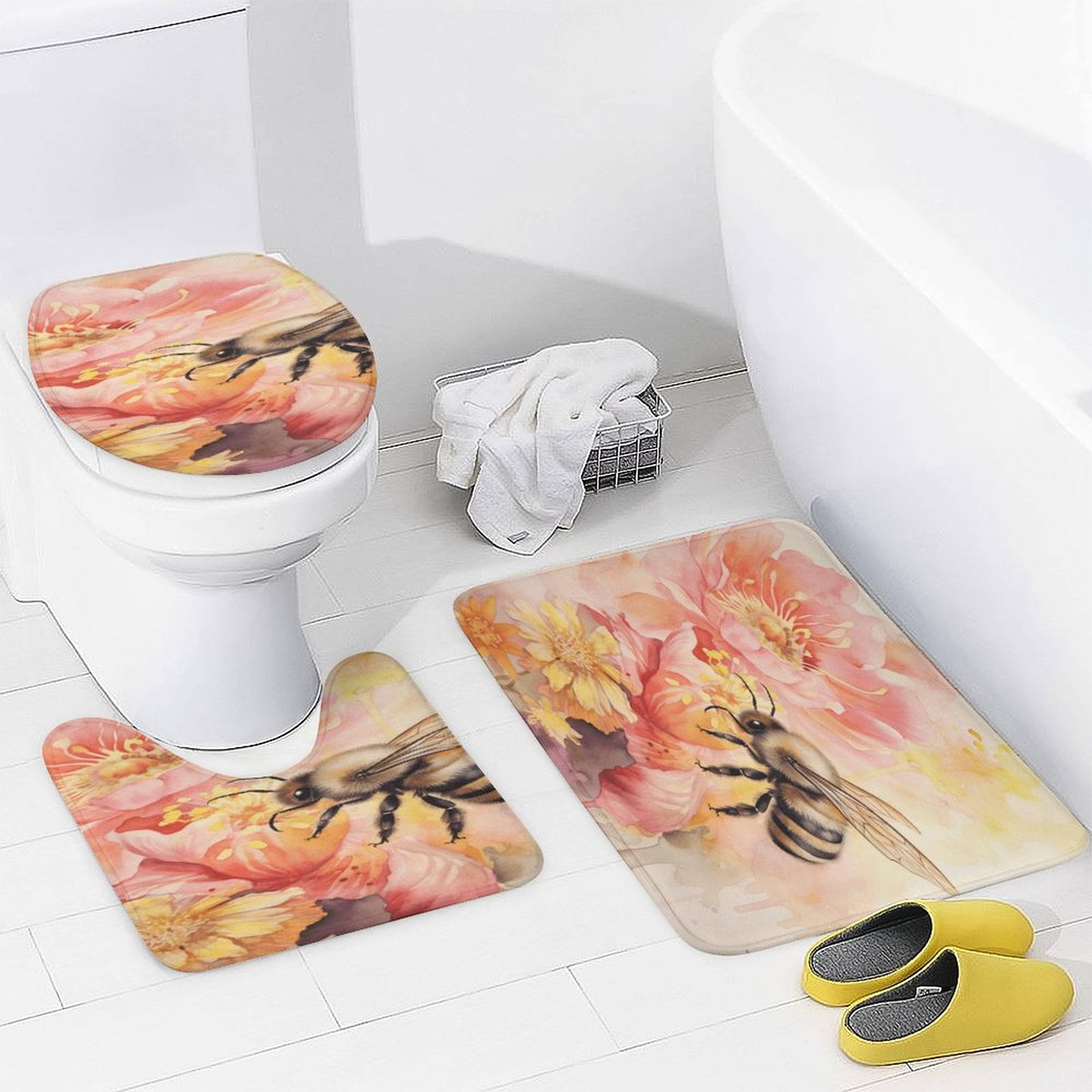 3 Piece Bathroom Rug Set Honey Bees That Collect Nectar Non-Slip ...