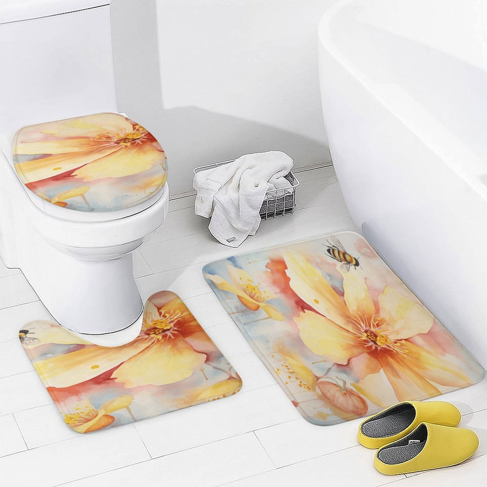 3 Piece Bathroom Rug Set Honey Bees That Collect Nectar Non-Slip ...