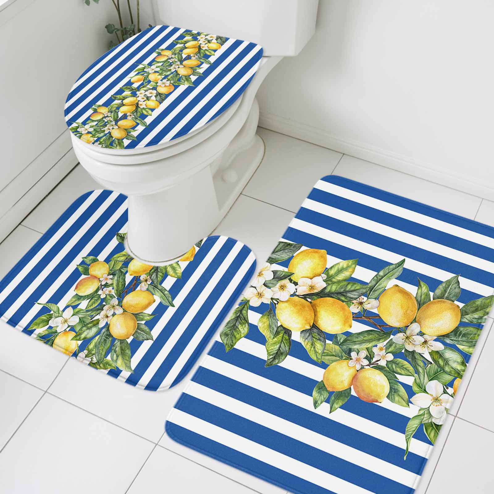 3 Piece Bathroom Rug Set, Lemon Blue Stripes Non Slip Bath Mat with ...