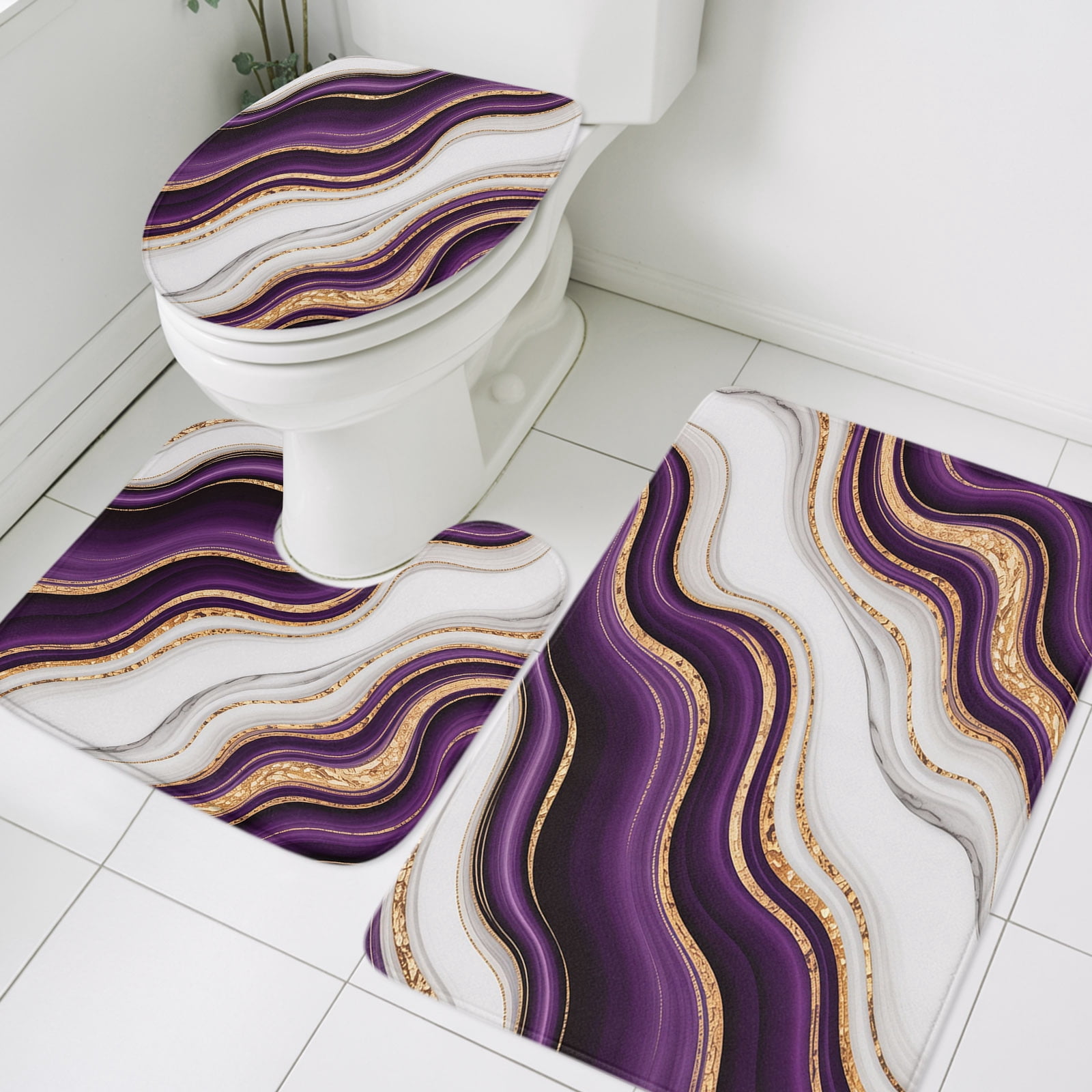 3 Piece Bathroom Rug Set, Marble Fluid Texture Non Slip Bath Mat with ...