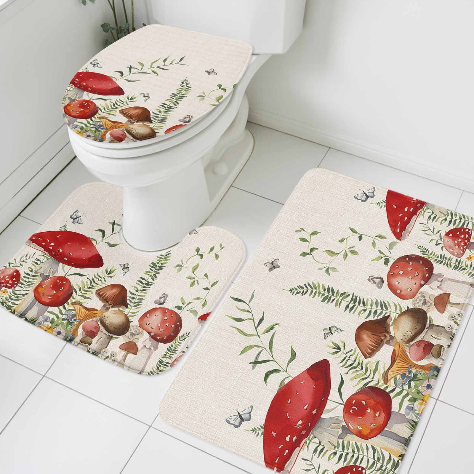 3 Piece Bathroom Rug Set, Mushrooms Non Slip Bath Mat with Contour ...