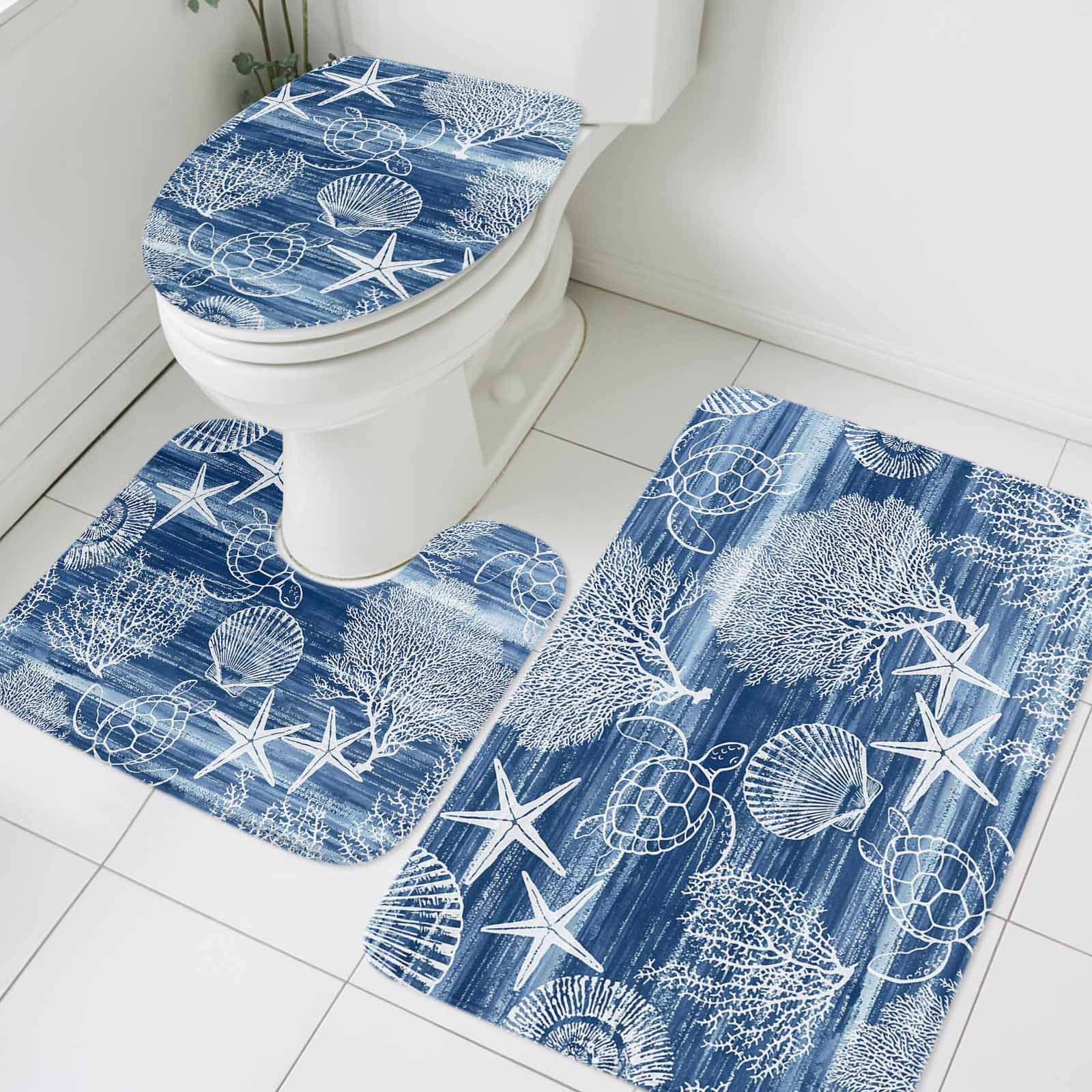 3 Piece Bathroom Rug Set, Navy Blue Retro Summer Non Slip Bath Mat with ...