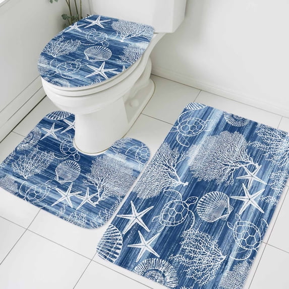 3 Piece Bathroom Rug Set, Navy Blue Retro Summer Non Slip Bath Mat with ...