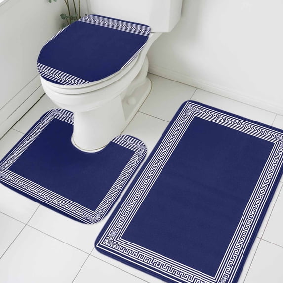 3 Piece Bathroom Rug Set, Navy Blue White Non Slip Bath Mat with ...