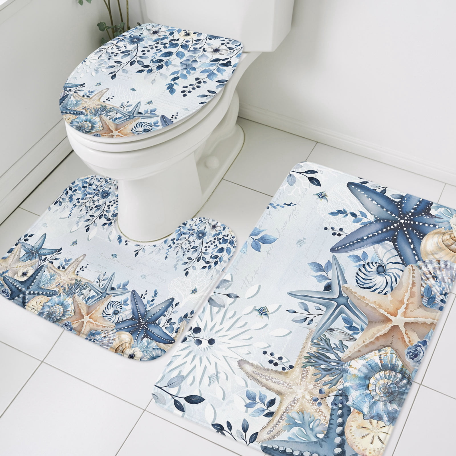 3 Piece Bathroom Rug Set, Ocean Non Slip Bath Mat with Contour Toilet ...