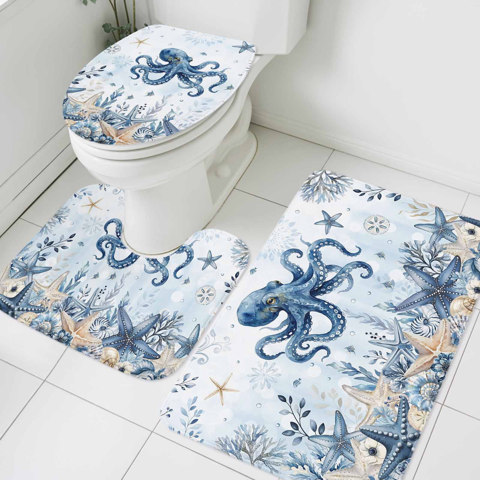 3 Piece Bathroom Rug Set, Ocean Octopus Non Slip Bath Mat with Contour ...