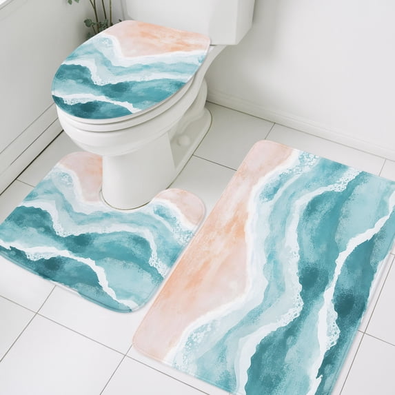 3 Piece Bathroom Rug Set, Ocean Wave Non Slip Bath Mat with Contour ...