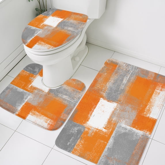 3 Piece Bathroom Rug Set, Orange Grey Abstract Non Slip Bath Mat with ...