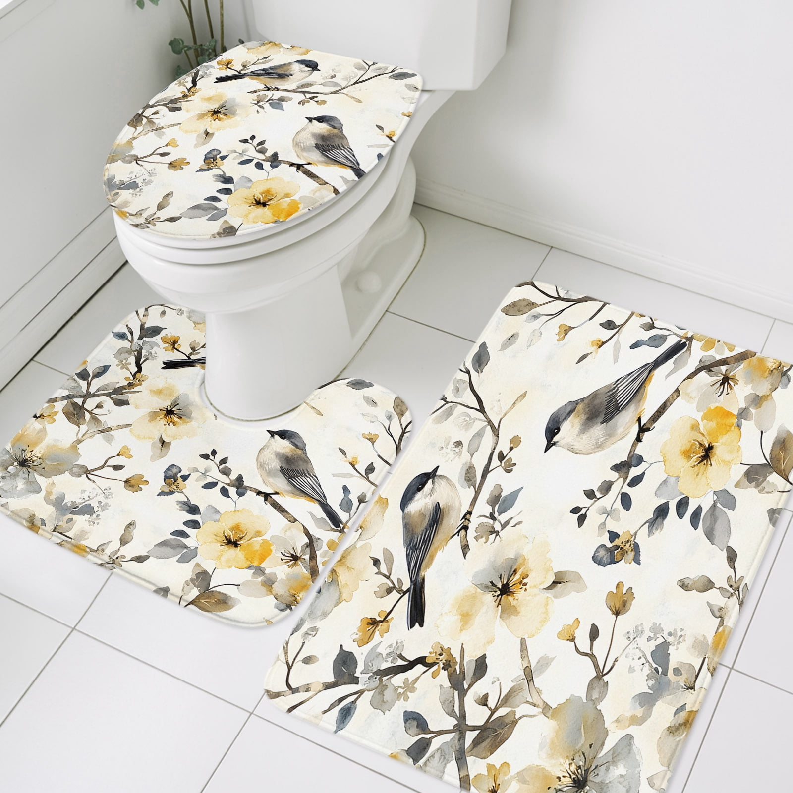3 Piece Bathroom Rug Set, Pastoral Flower Non Slip Bath Mat with ...