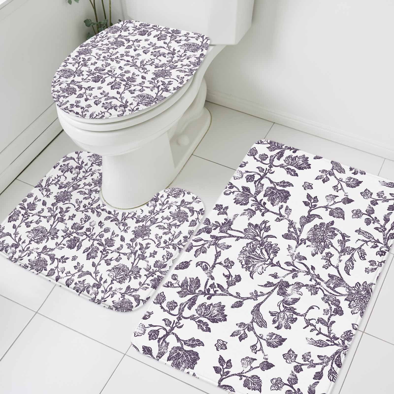 3 Piece Bathroom Rug Set, Pastoral Flowers Non Slip Bath Mat with ...
