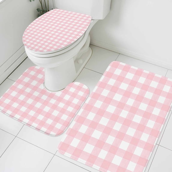 3 Piece Bathroom Rug Set, Pink Buffalo Non Slip Bath Mat with Contour ...