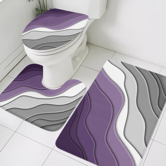 3 Piece Bathroom Rug Set, Purple Grey Modern Geometric Non Slip Bath ...