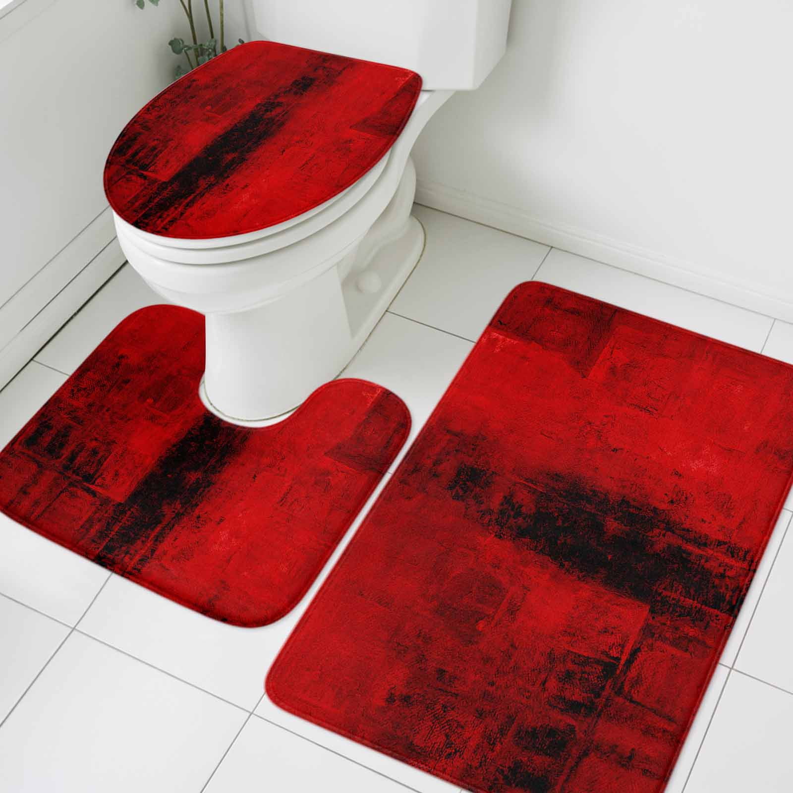 3 Piece Bathroom Rug Set, Red Abstract Non Slip Bath Mat with Contour ...