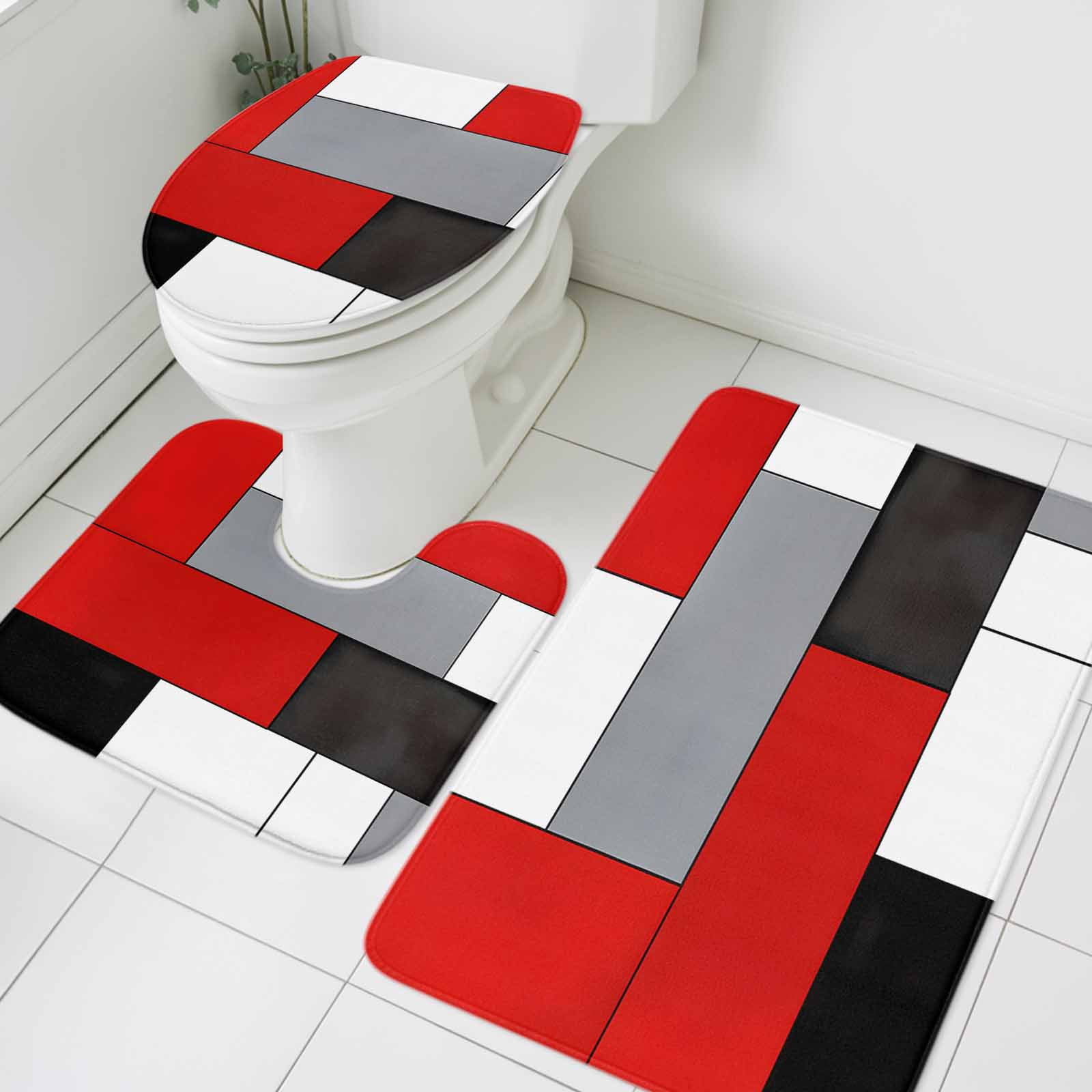3 Piece Bathroom Rug Set, Red Black Non Slip Bath Mat with Contour ...