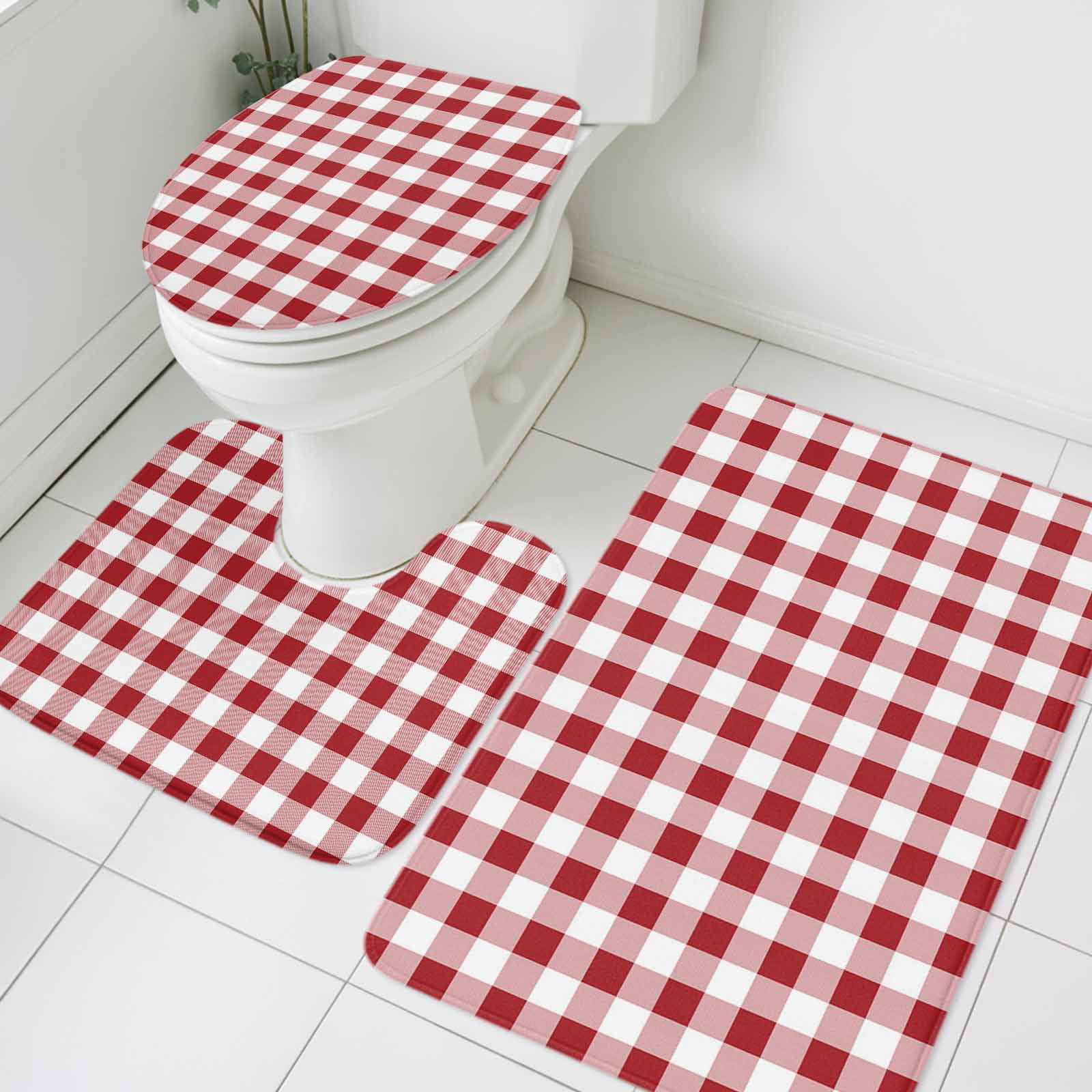 3 Piece Bathroom Rug Set, Red White Non Slip Bath Mat with Contour ...