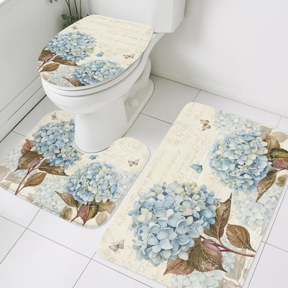 3 Piece Bathroom Rug Set, Rustic Flowers Non Slip Bath Mat with Contour ...
