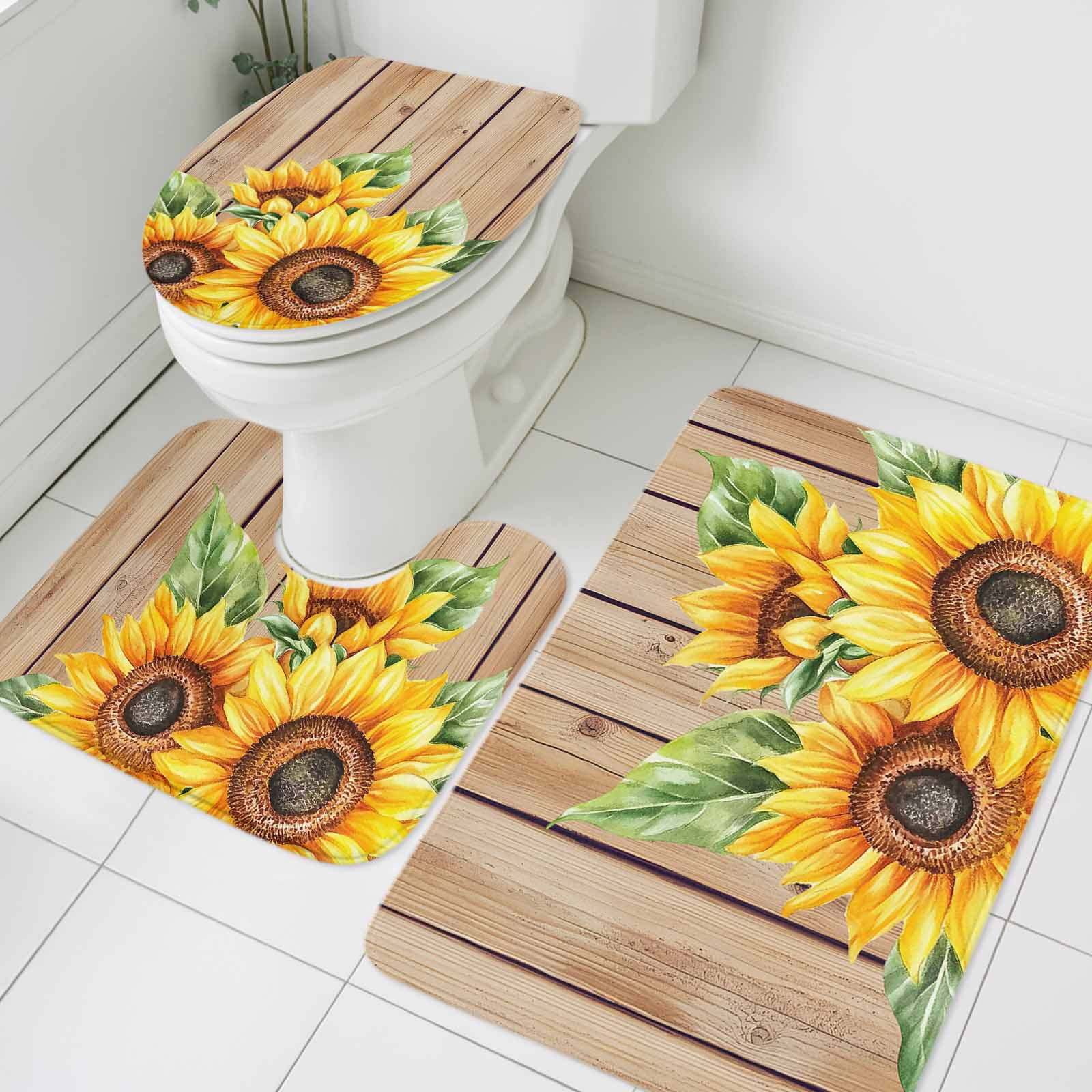 3 Piece Bathroom Rug Set, Rustic Sunflower Non Slip Bath Mat with ...
