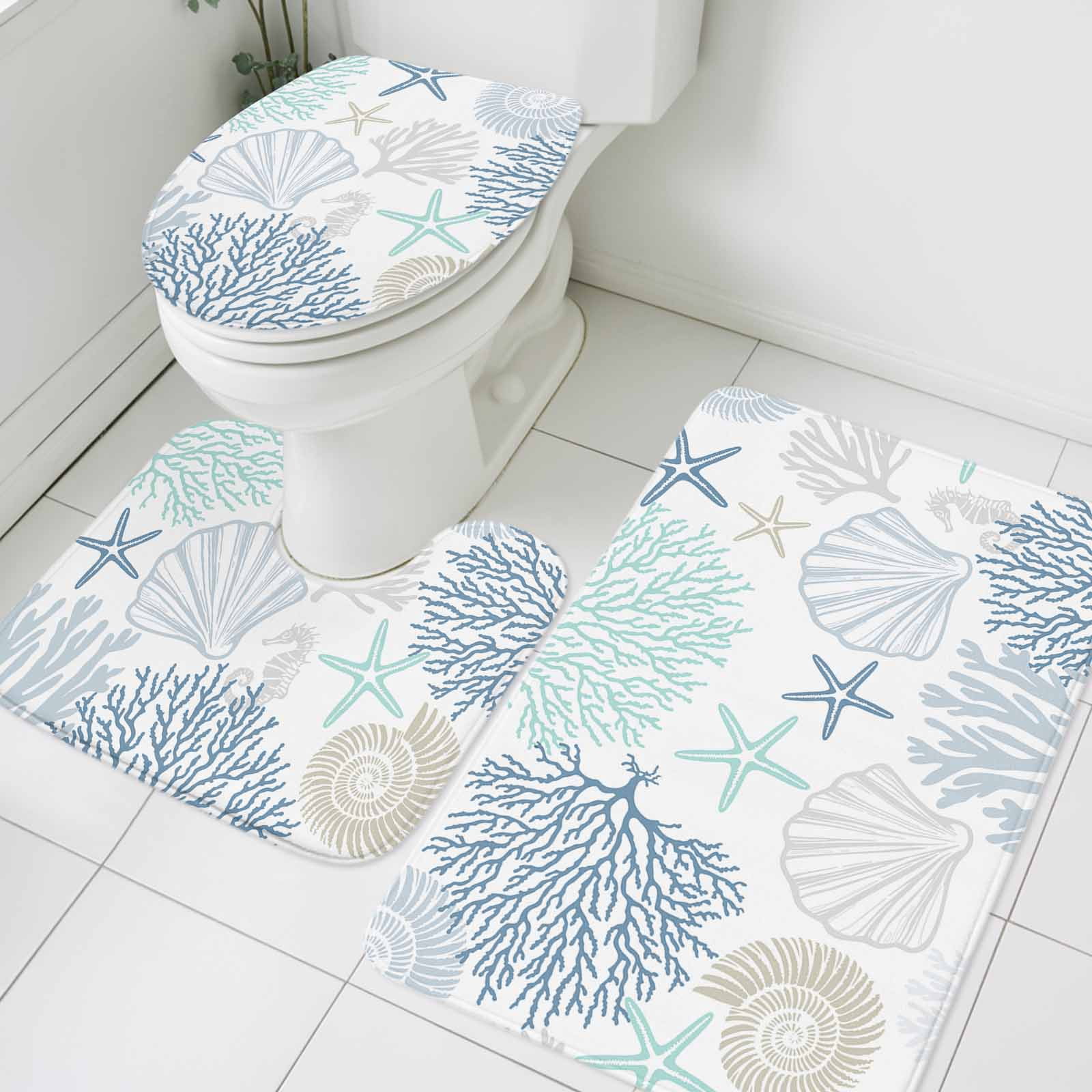 3 Piece Bathroom Rug Set, Sky Blue Coral Non Slip Bath Mat with Contour ...