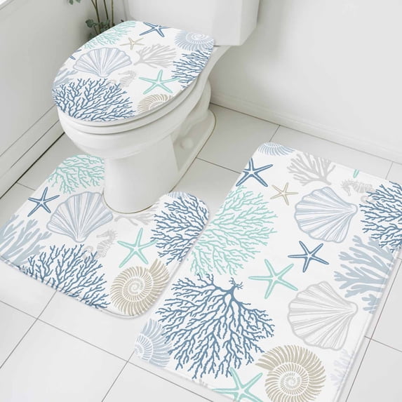 3 Piece Bathroom Rug Set, Sky Blue Coral Non Slip Bath Mat with Contour ...