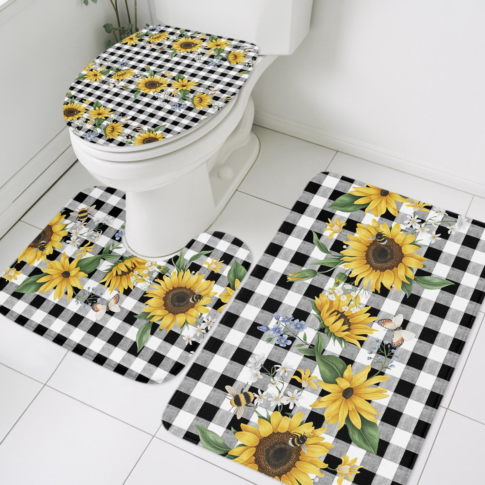 3 Piece Bathroom Rug Set, Sunflower Non Slip Bath Mat with Contour ...