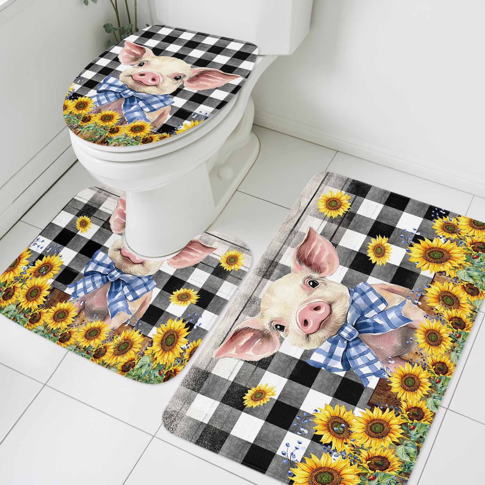 3 Piece Bathroom Rug Set, Sunflowers Pig Non Slip Bath Mat with Contour ...