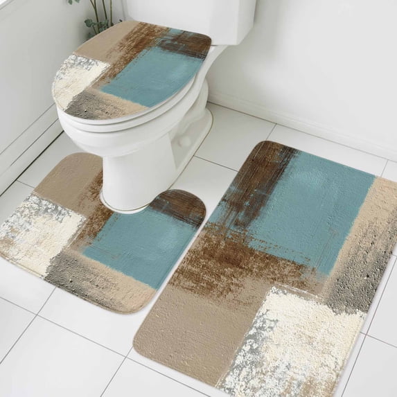 3 Piece Bathroom Rug Set, Teal Blue Oil Painting Non Slip Bath Mat with ...
