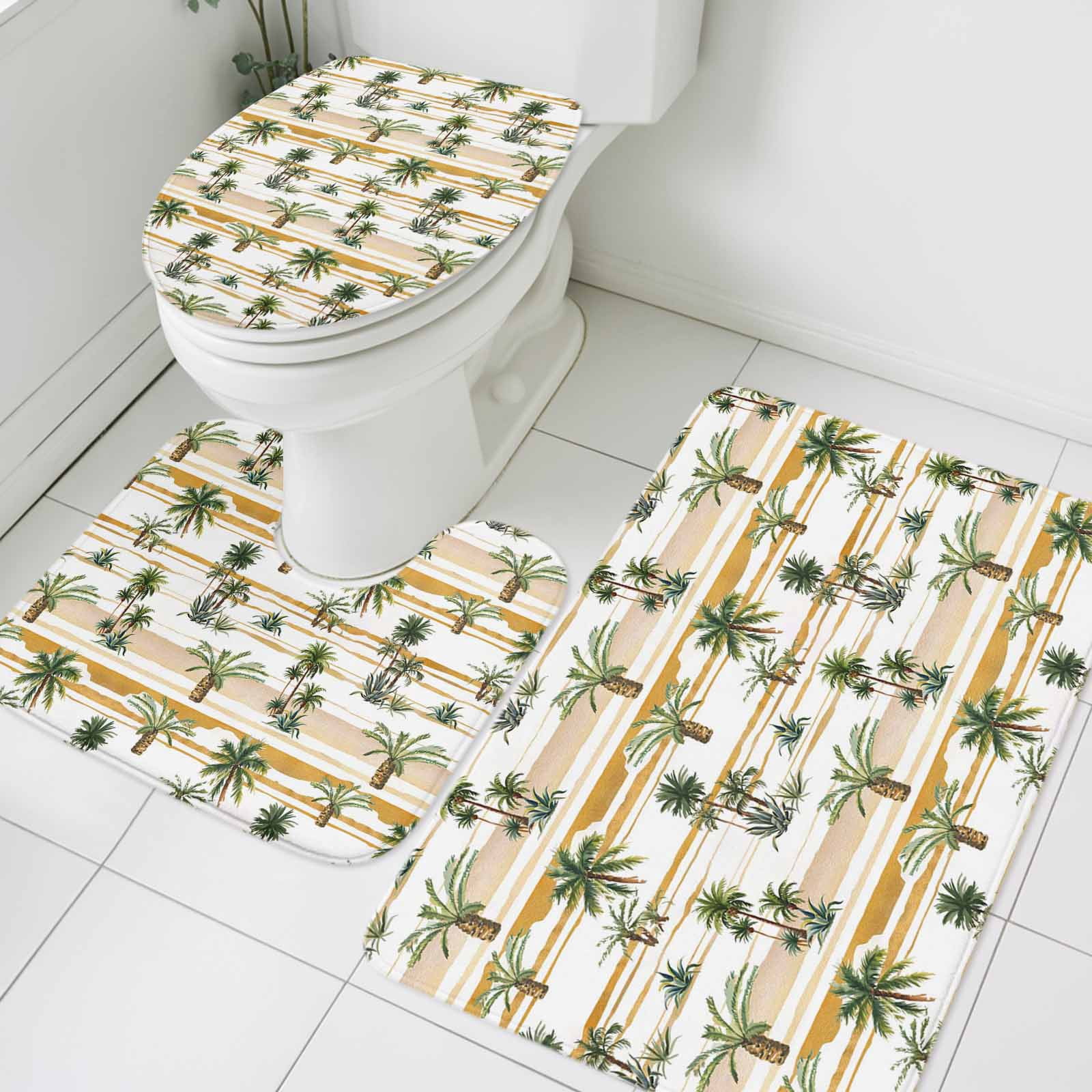 3 Piece Bathroom Rug Set, Tropical Plants Non Slip Bath Mat with ...