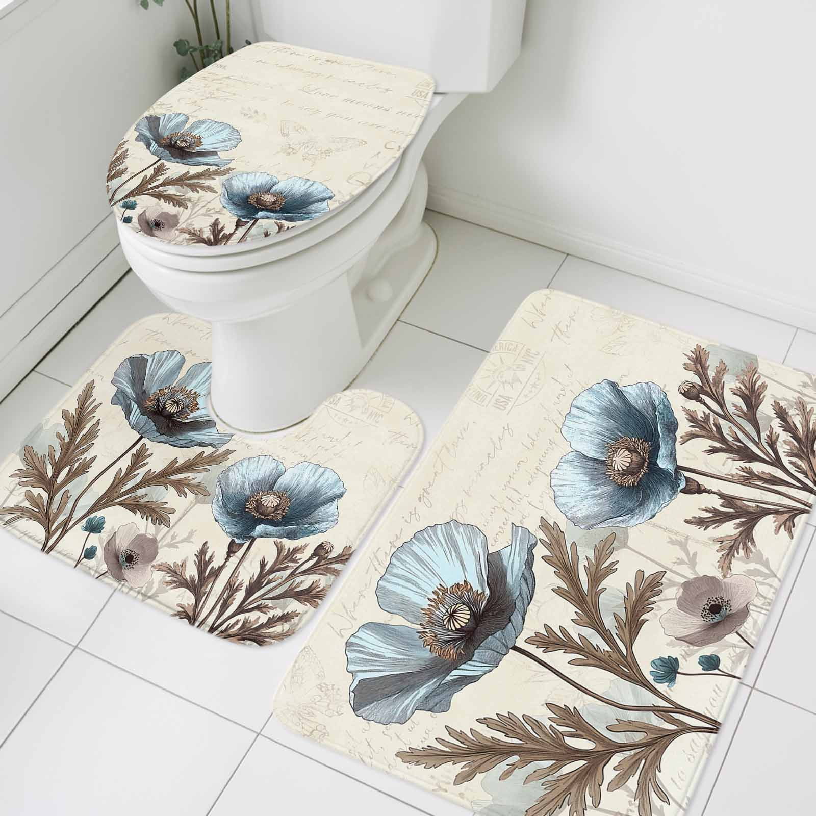 3 Piece Bathroom Rug Set, Victorian Style Poppy Non Slip Bath Mat with ...