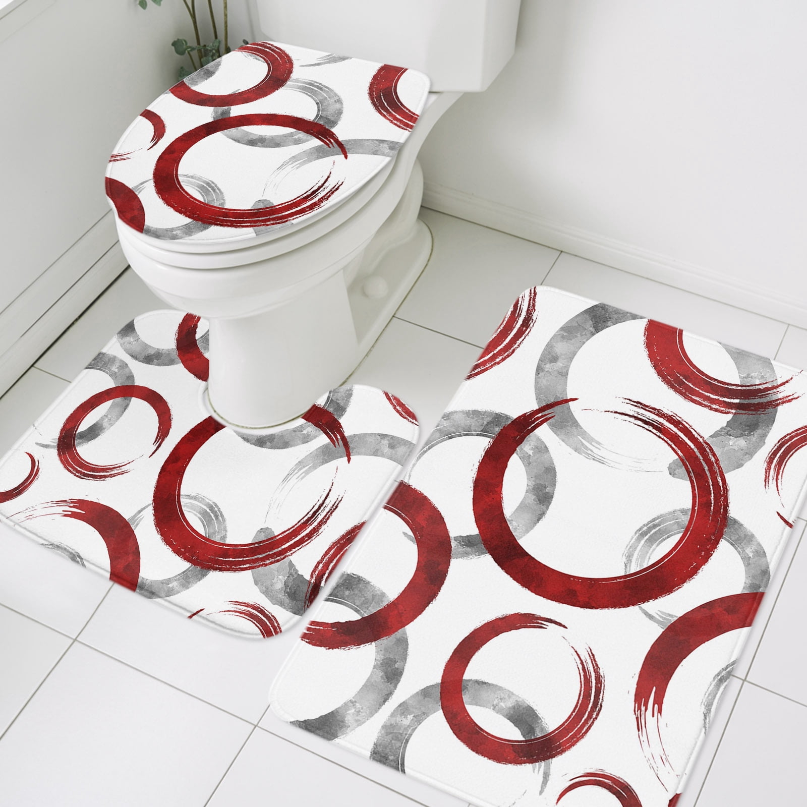3 Piece Bathroom Rug Set, Vintage Red Gray Circle Lines Non Slip Bath ...