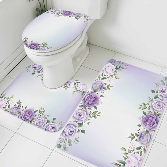 3 Piece Bathroom Rug Set, Violet Roses Non Slip Bath Mat with Contour ...