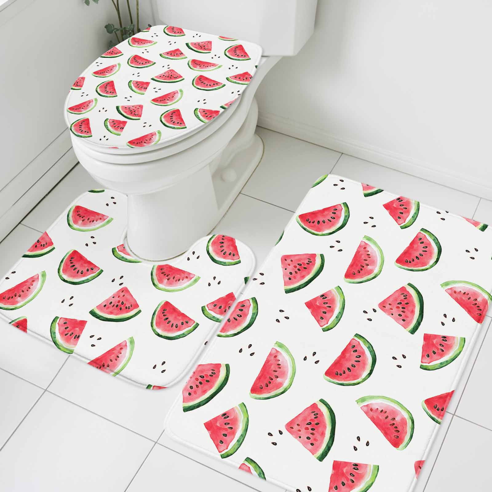 3 Piece Bathroom Rug Set, Watermelon Non Slip Bath Mat with Contour ...