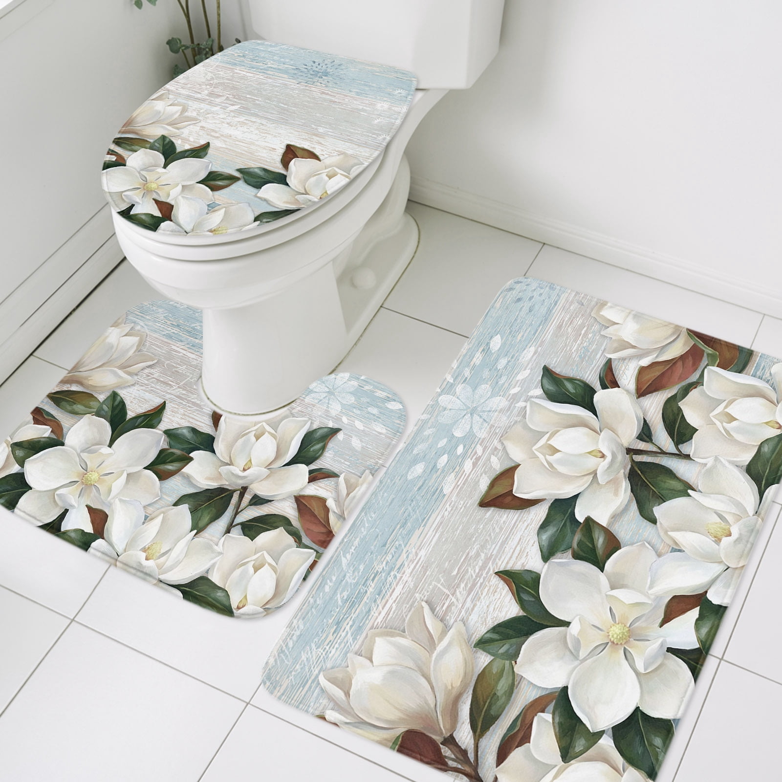 3 Piece Bathroom Rug Set, White Blanc Non Slip Bath Mat with Contour ...