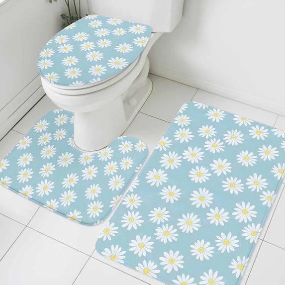 3 Piece Bathroom Rug Set, White Daisy Non Slip Bath Mat with Contour ...